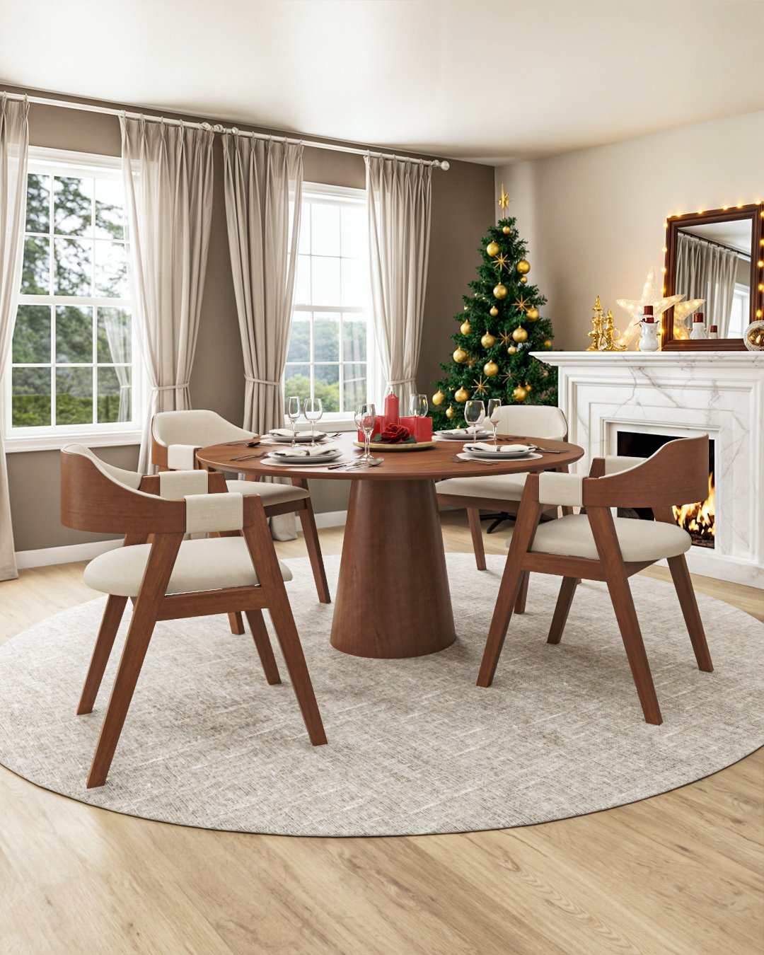 Conjunto de Mesa Agnes Redonda base Cone com Cadeiras Âmbar